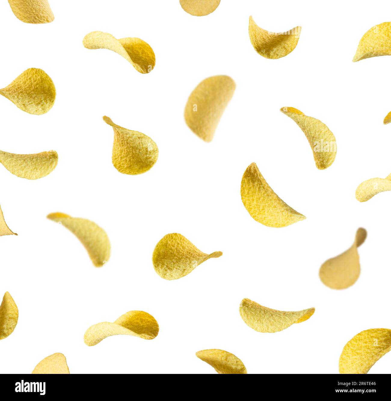 Potato chips levitate on a white background. Falling potato chips ...