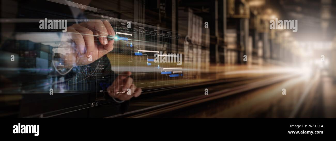 Businessman working virtual interface panel of global logistics network ...