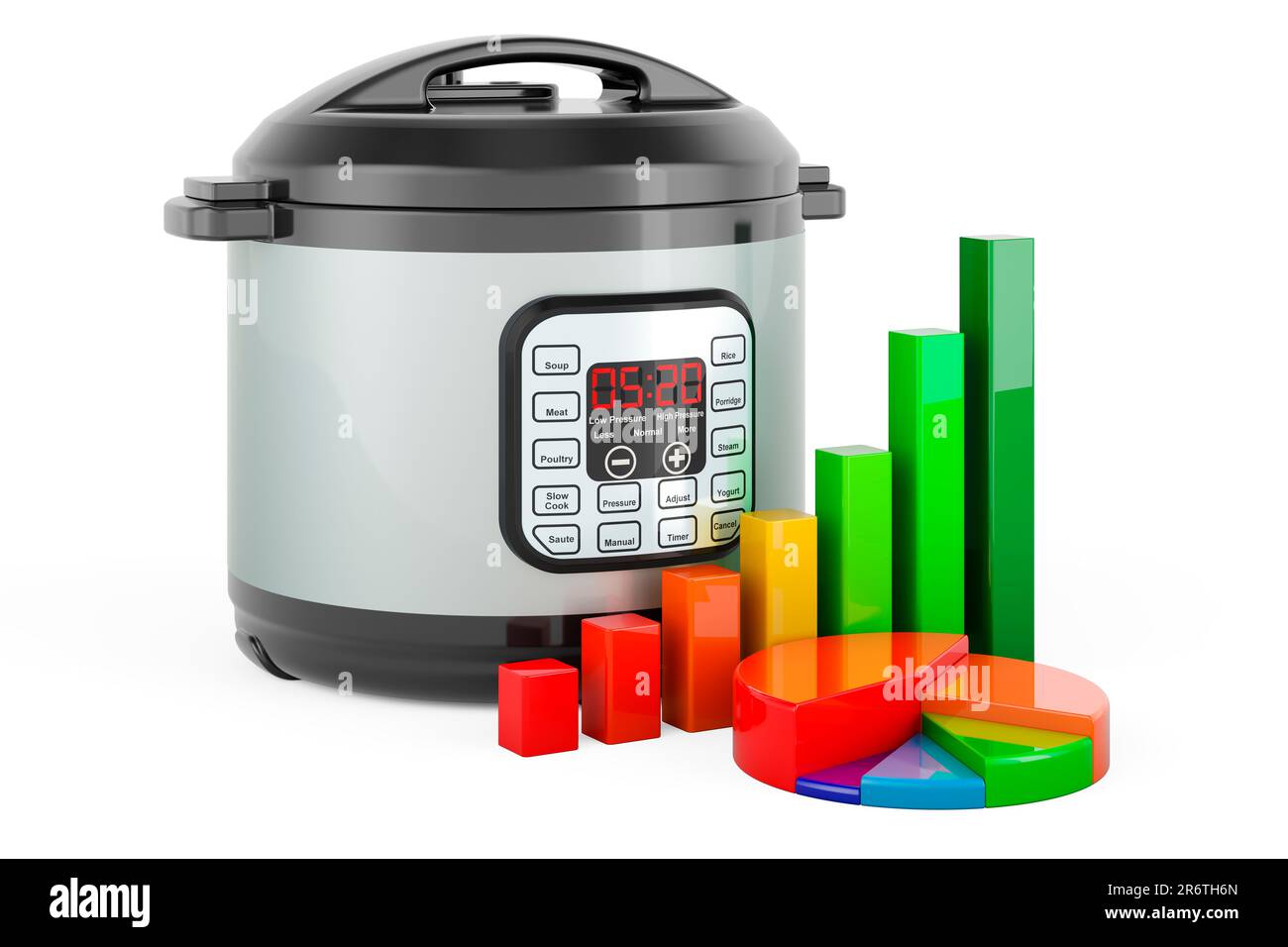 Automatic Multicooker with growth bar graph and pie chart. 3D rendering ...