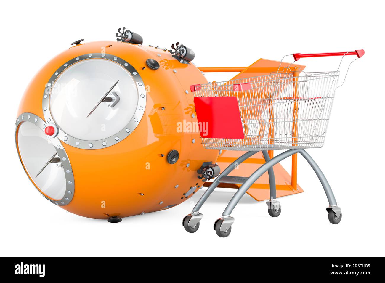 Atomic bomb, nuclear weapon with shopping cart. 3D rendering isolated ...