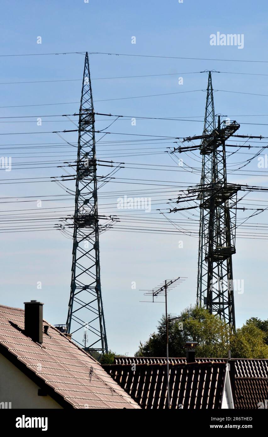 Overhead power lines, power pylons, power pylons with residential ...