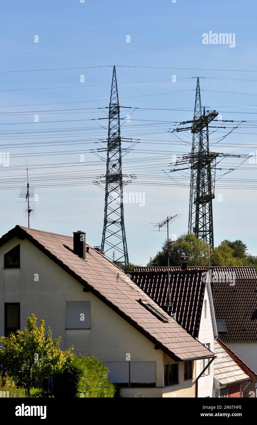 Overhead power lines, power pylons, power pylons with residential ...