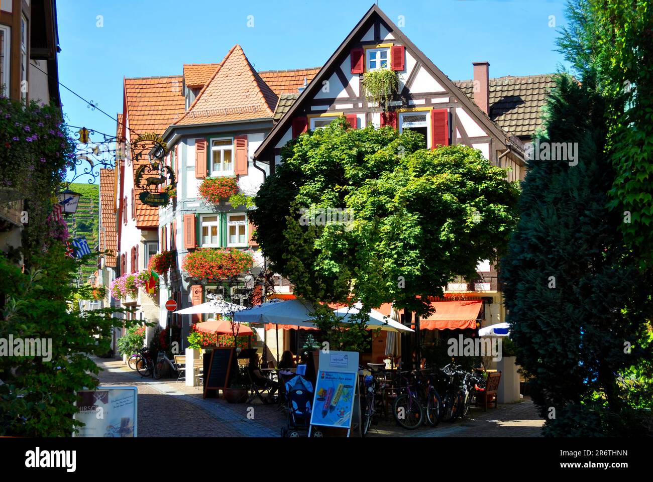 Old town in Besigheim, red hanging geraniums, half-timbered house ...