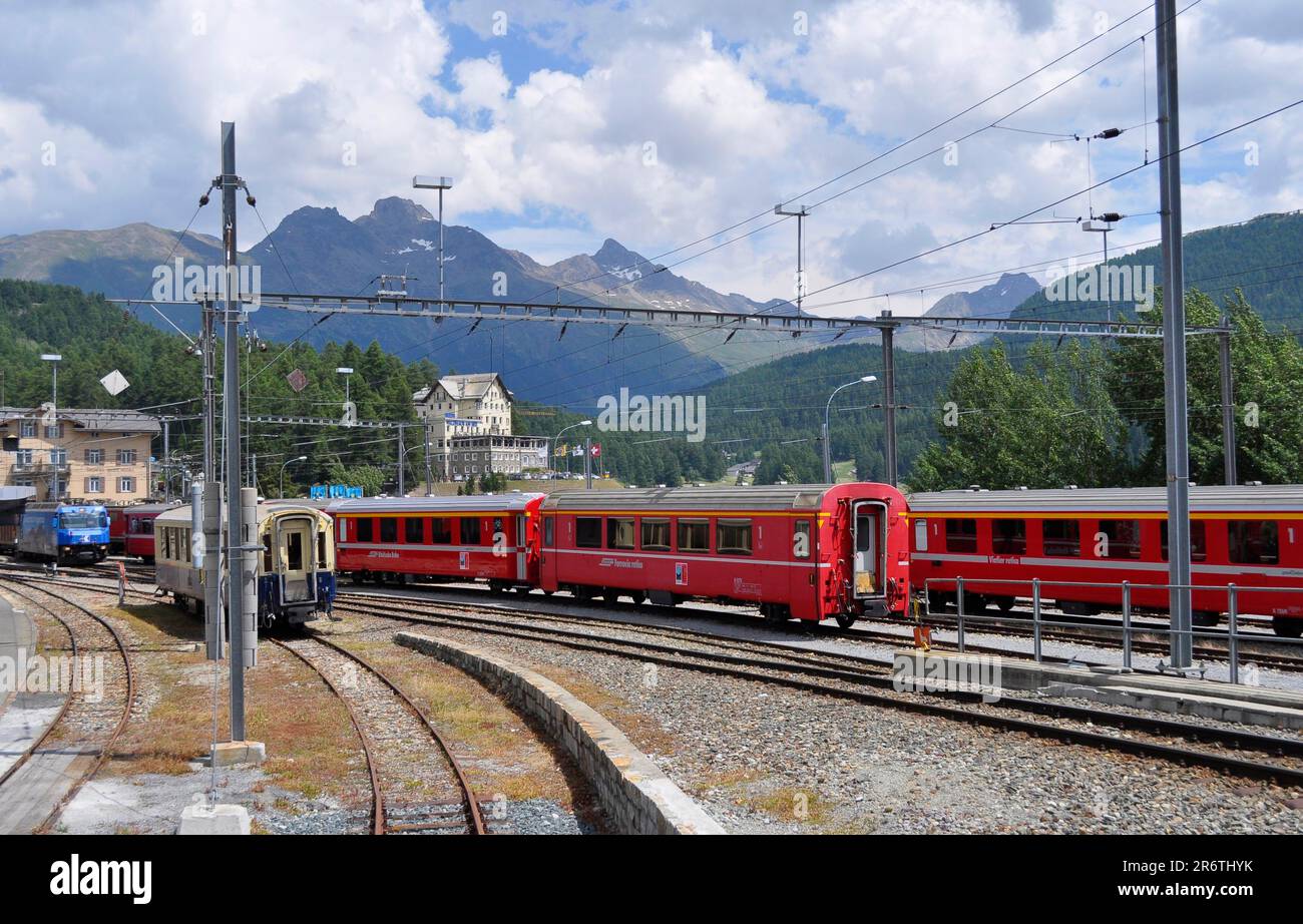 Switzerland, St. Moritz railway station, Rhaetian Railway, railway ...