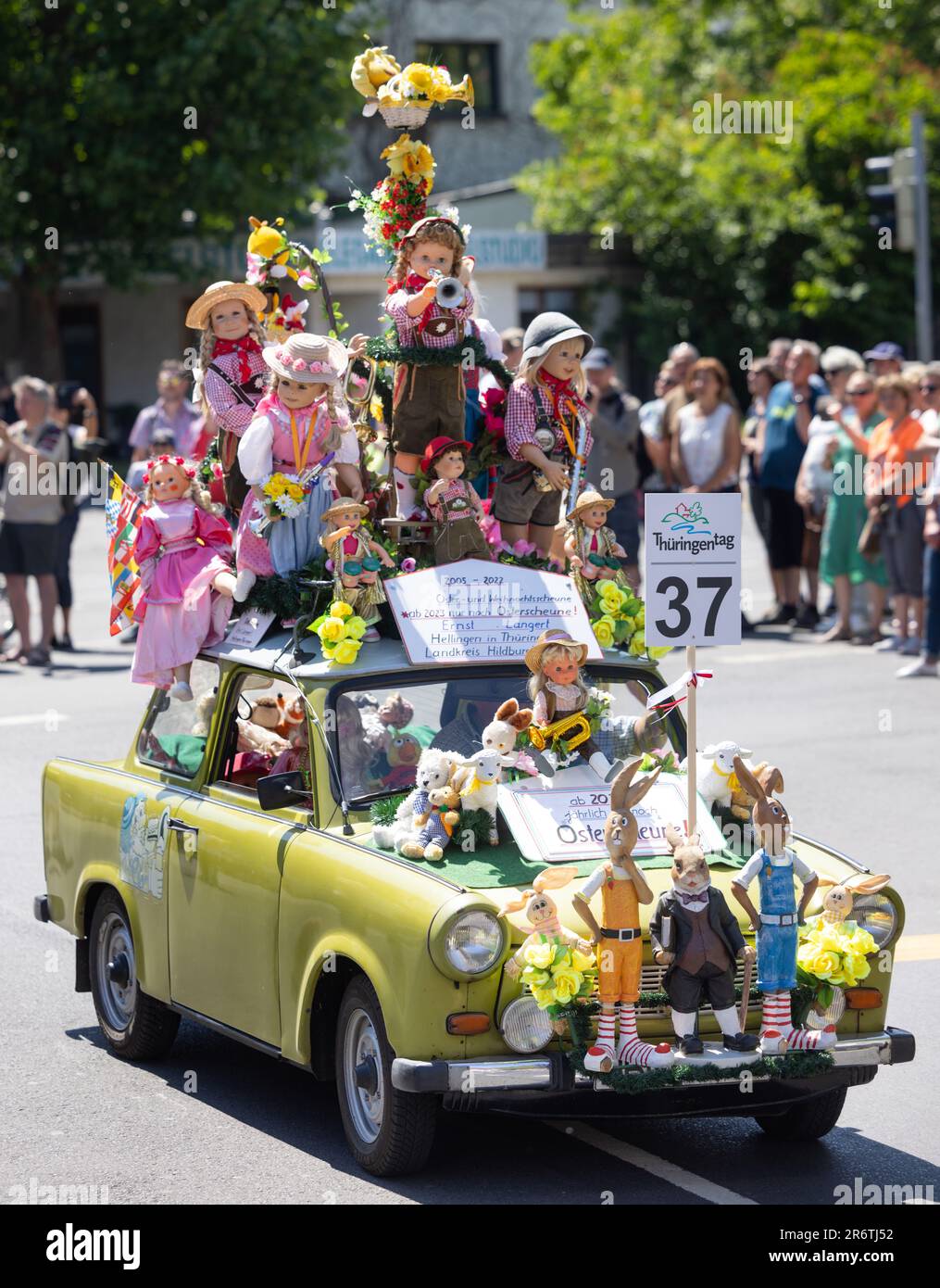 Schmalkalden, Germany. 11th June, 2023. A Trabant decorated with dolls ...