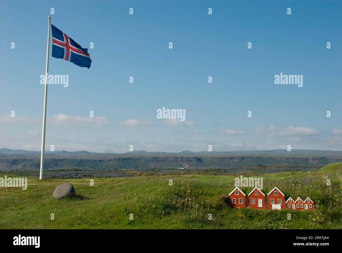 Flag and models of sod houses at Strandarkirkja, Reykjanes Peninsula ...