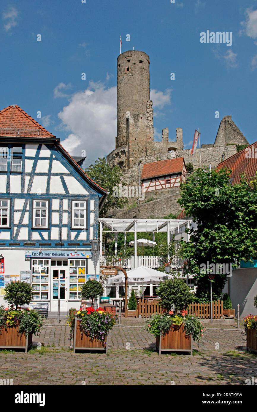 Old town with Eppstein castle, half-timbered houses, Eppstein, Hesse ...