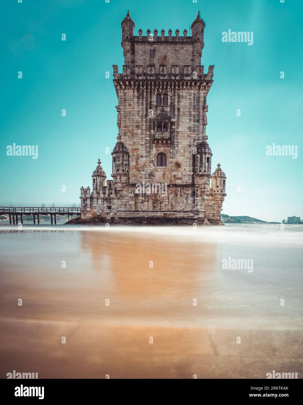 Belem Tower, frozen in time, stands proudly by the river. A historic ...