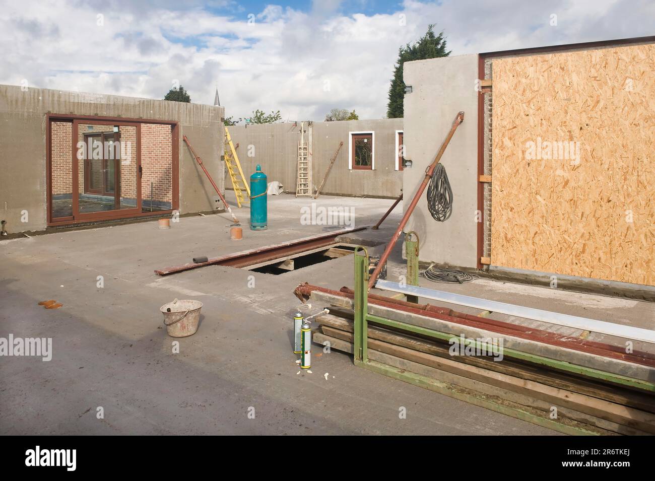 House building, interior walls of prefabricated house, Belgium ...