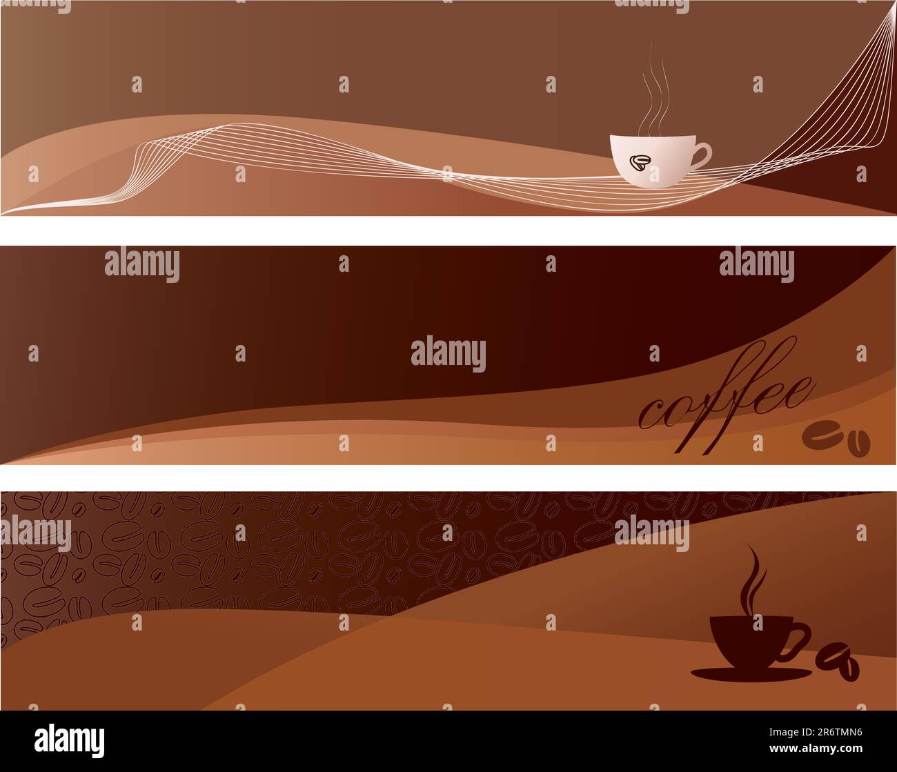 Three separate coffee banners or backgrounds with stylized cups and ...
