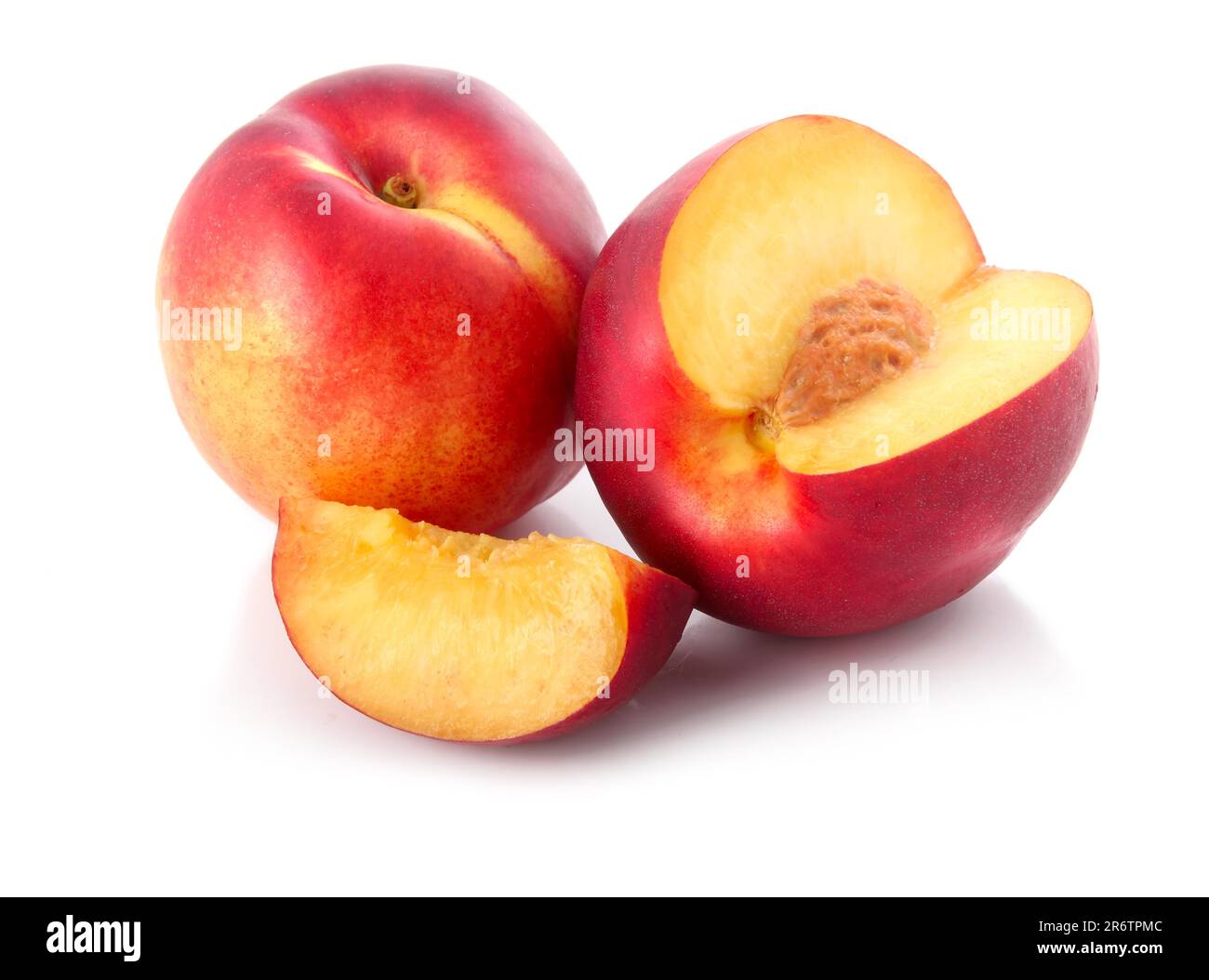 Fresh peach fruits with cut isolated on white background Stock Photo ...