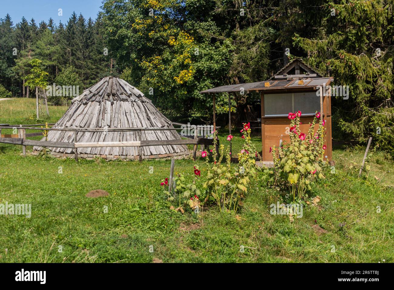 Charcoal pile model at Raichberg mountain in Swabian Jura in the state ...