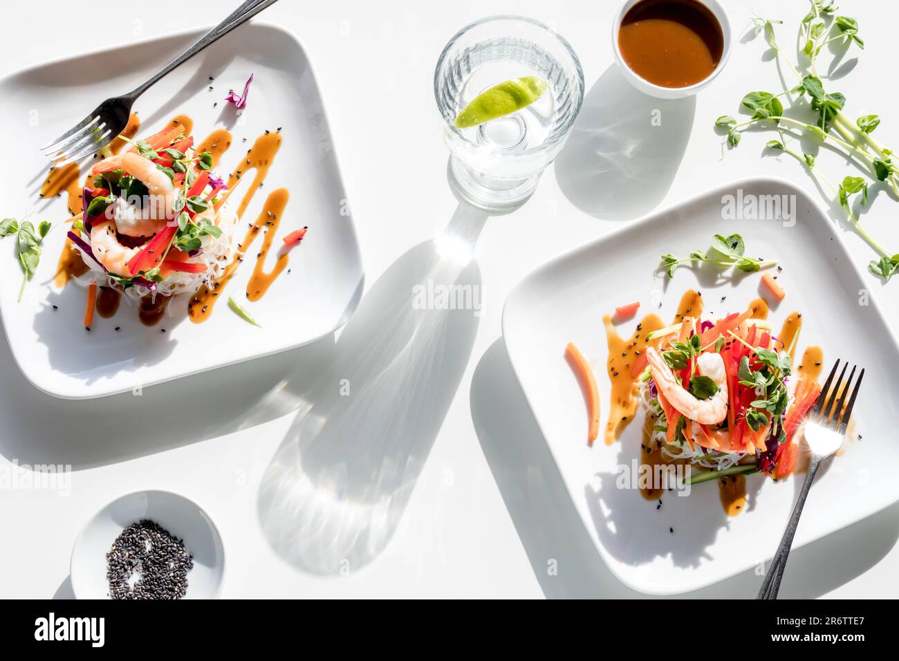 Asian salad roll stacks in bright sunlight served with sparkling water ...