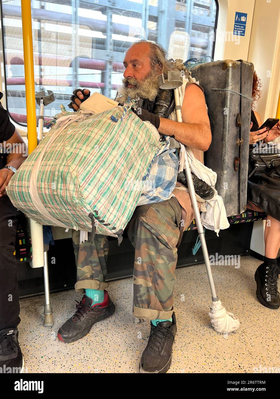 London, UK. 11th June, 2023. A home less beggar travelling in London ...