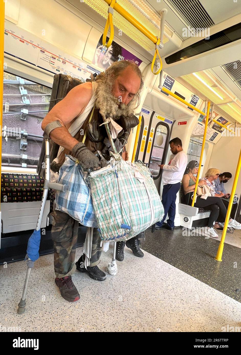 London, UK. 11th June, 2023. A home less beggar travelling in London ...