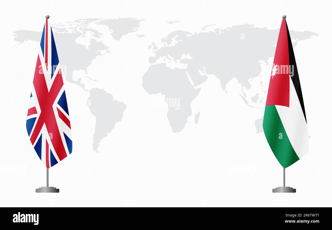 United Kingdom and Jordan flags for official meeting against background ...