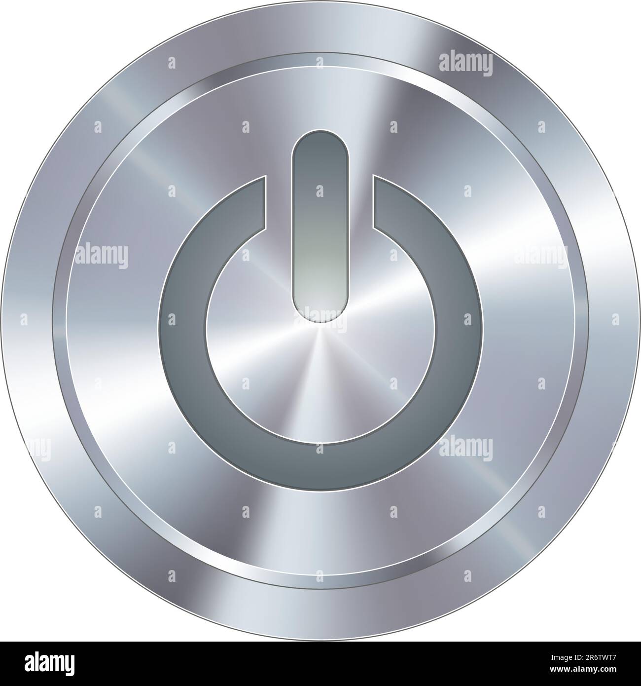 Computer power icon on round stainless steel modern industrial button ...