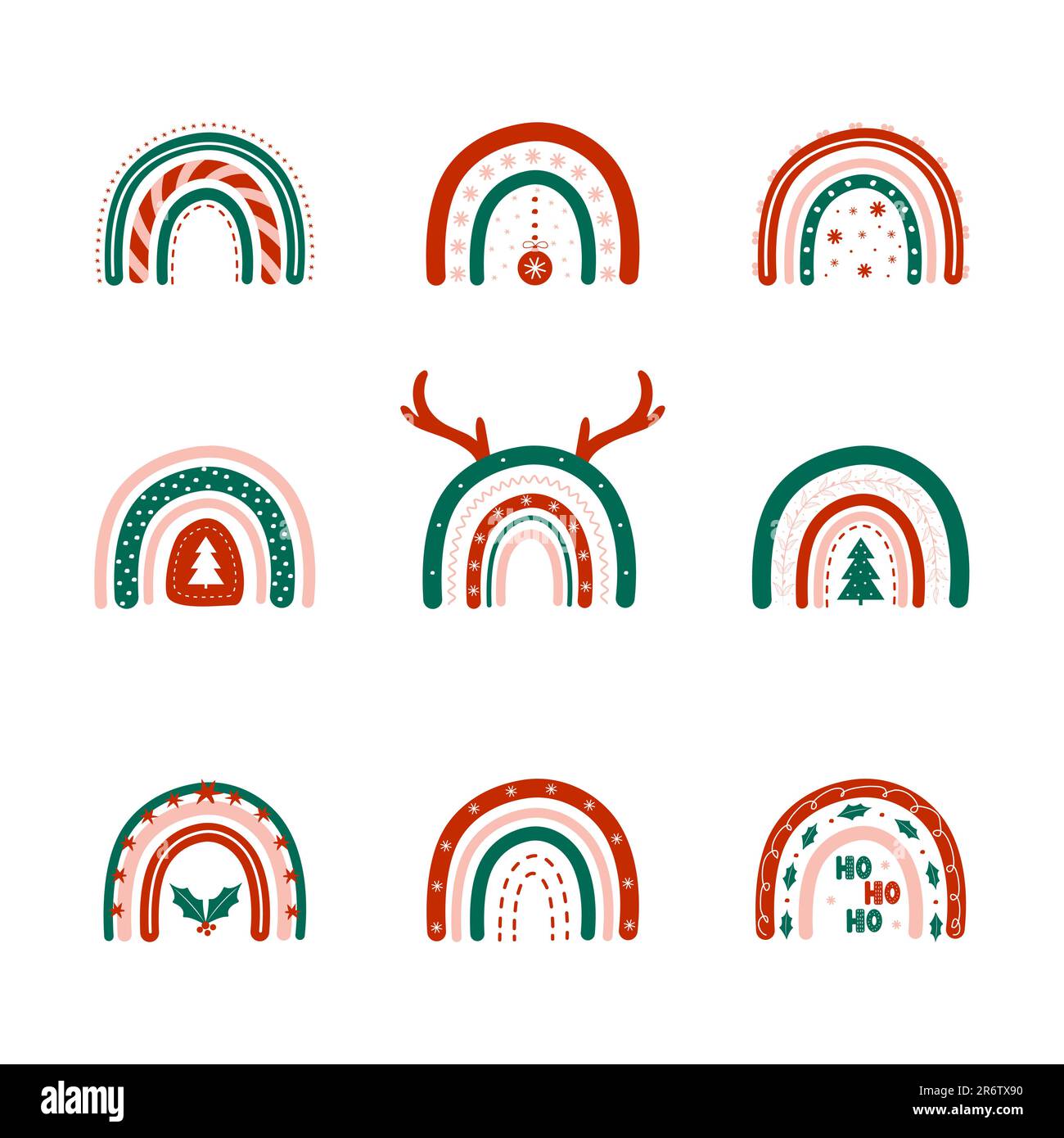 Christmas rainbows with new year elements. Winter clipart set in boho ...