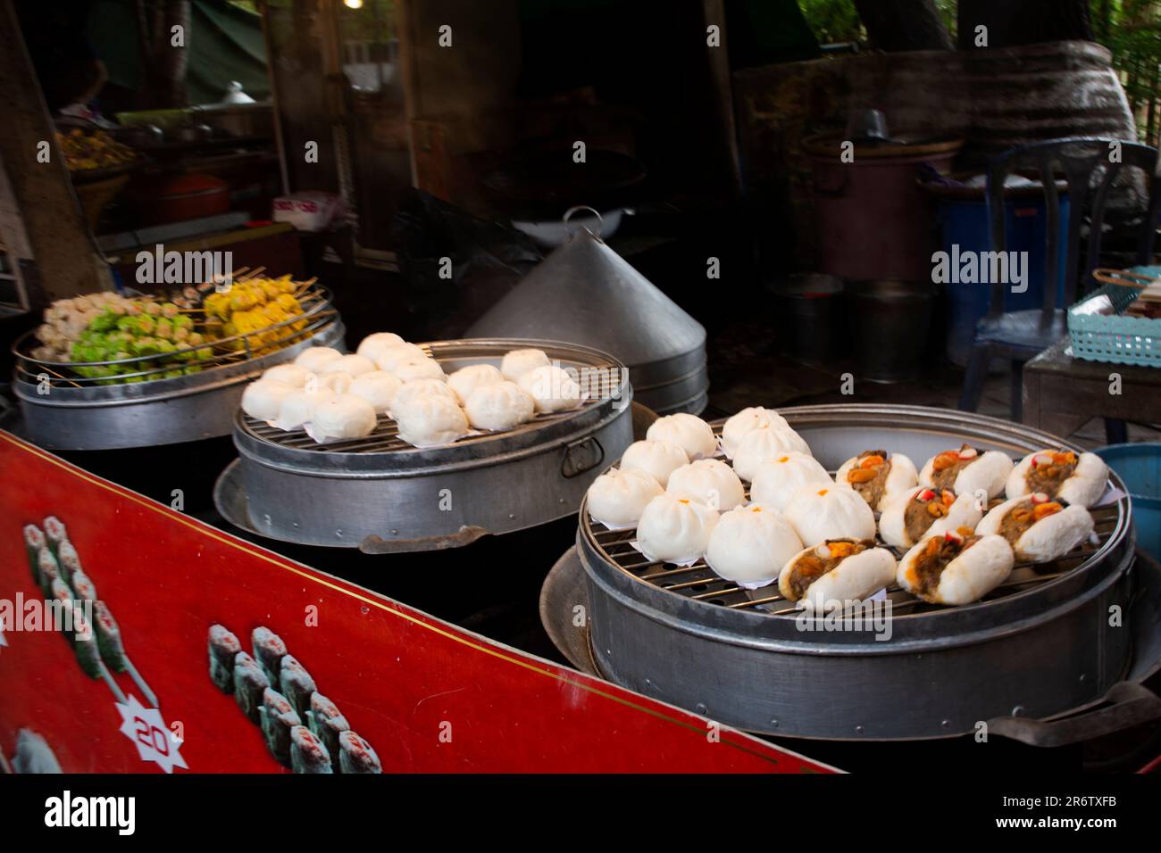 Many variety dim sum and dumplings and chinese stuffed bun on hawker ...