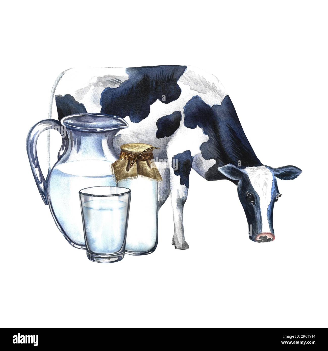 Cow and dairy products in a glass bowl. Watercolor hand drawn ...