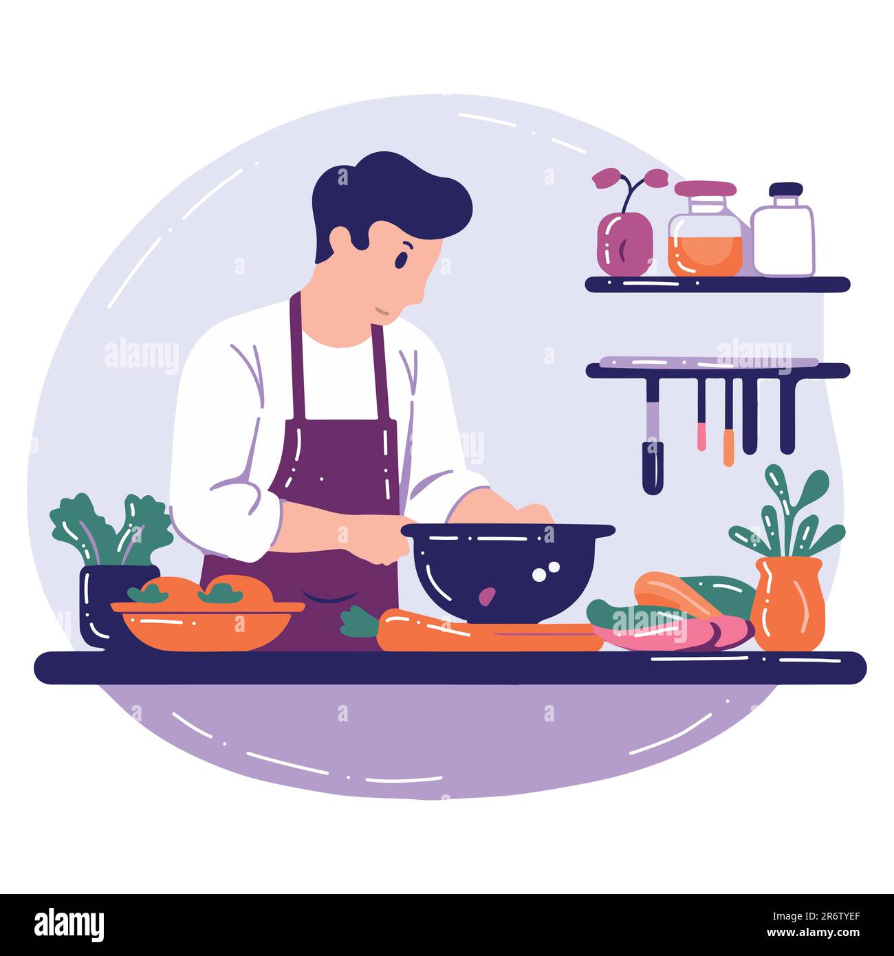 Hand Drawn chef cooking in the kitchen flat style illustration for ...