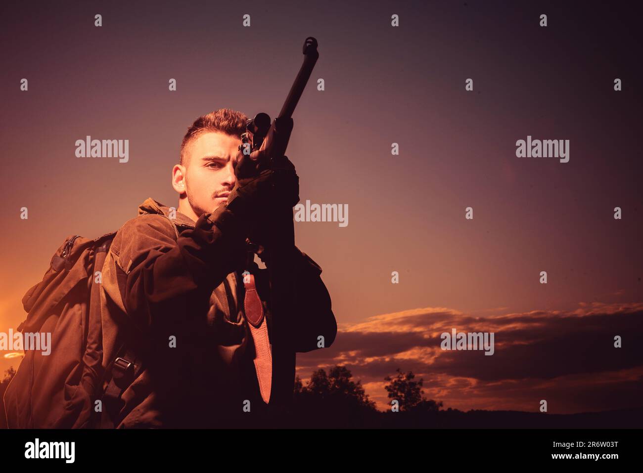 Barrel of a gun. Hunter with shotgun gun on hunt. Hunter with Powerful ...