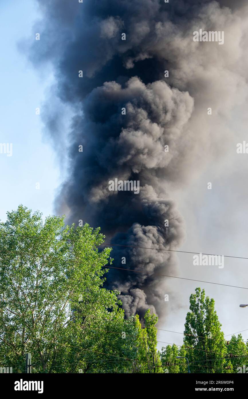 Emergency helicopter recharging water to extinguish a forest fire thick ...