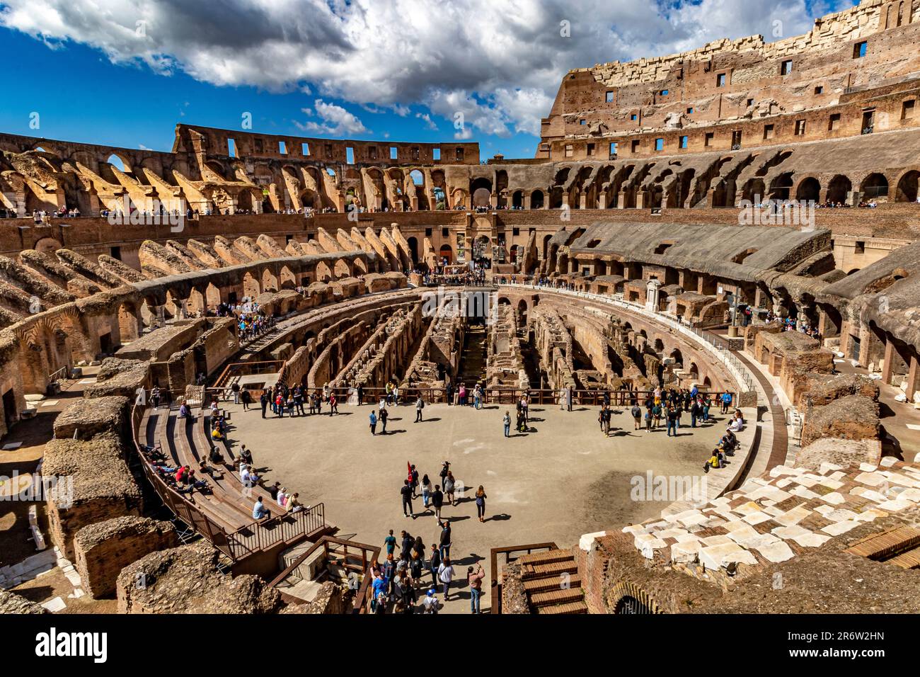 The arena and hypogeum inside The Colosseum in Rome, the largest ...