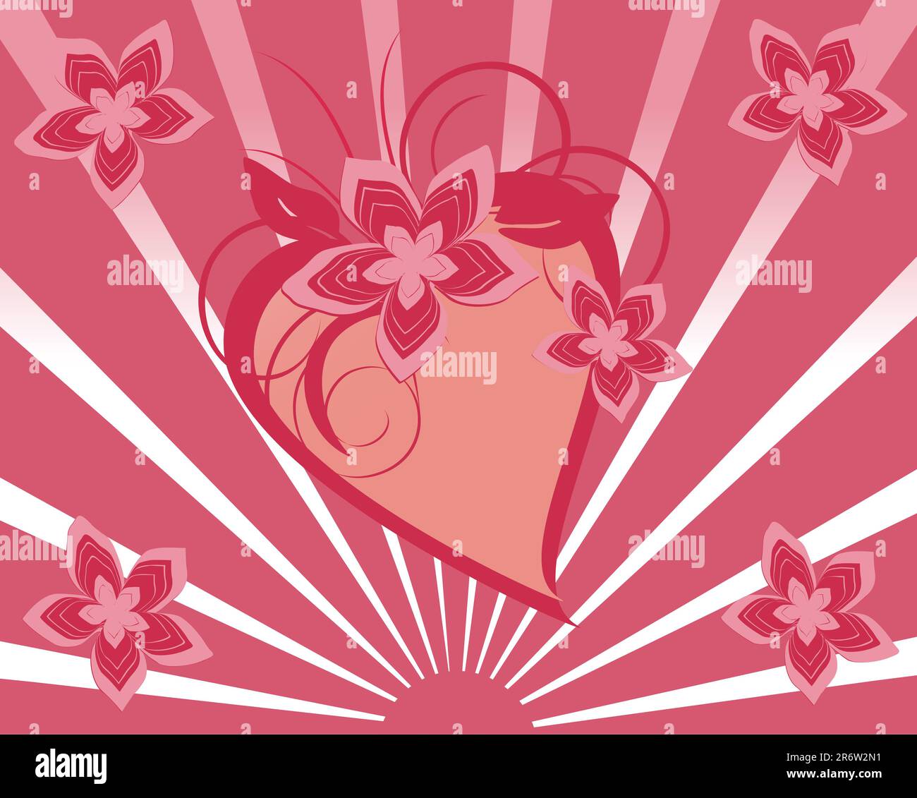 vector illustration of pink hearts and flowers on rays Stock Vector ...