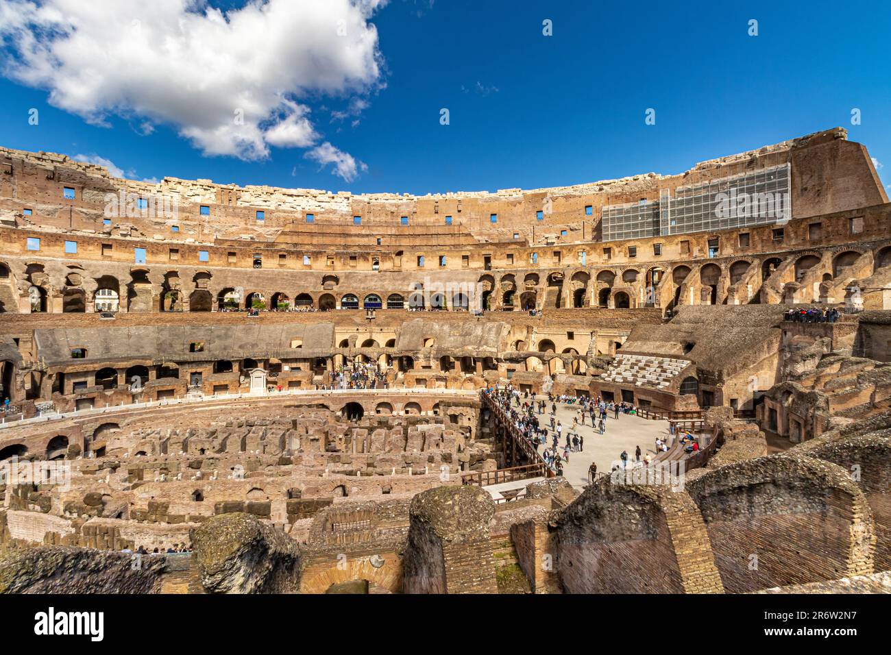 The arena and hypogeum inside The Colosseum in Rome, the largest ...