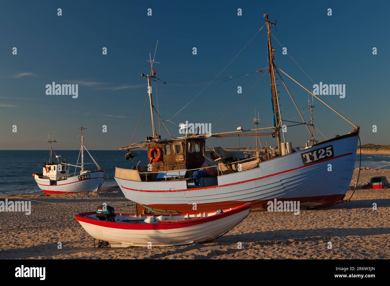 Fishing boats, beach harbour, Vorupoer, Jutland, Denmark Stock Photo ...