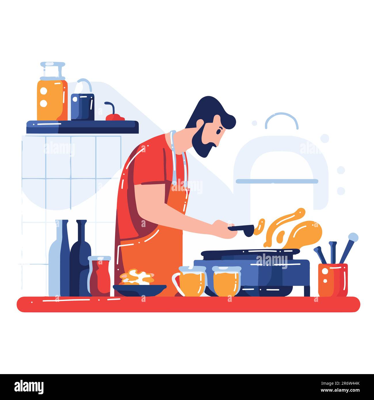 Hand Drawn chef cooking in the kitchen flat style illustration for ...