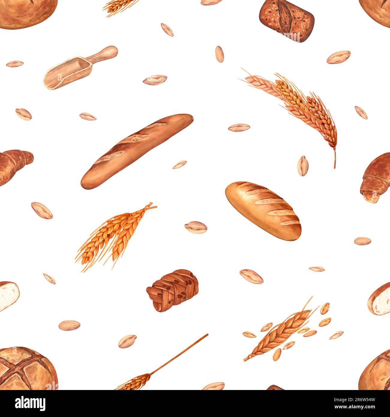 Seamless bread pattern. Watercolor bakery background with wheat spica ...