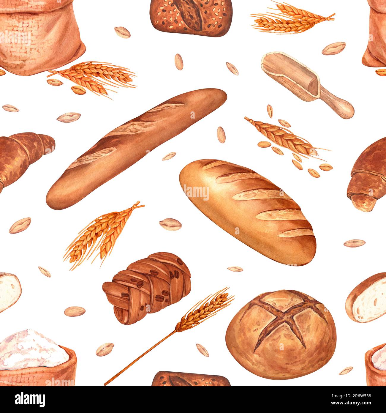 Seamless bread pattern. Watercolor bakery background with wheat spica ...
