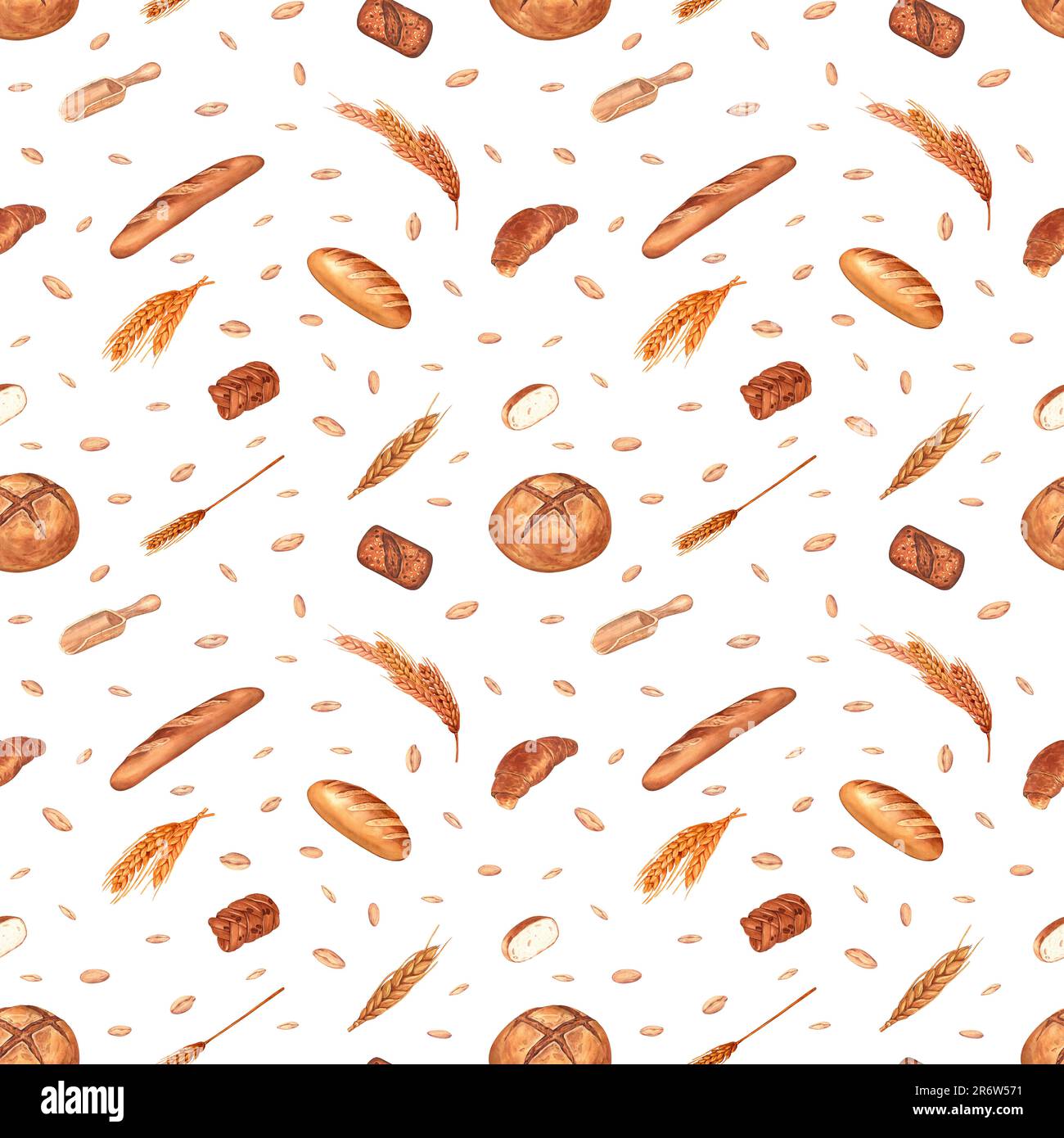 Seamless bread pattern. Watercolor bakery background with wheat spica ...