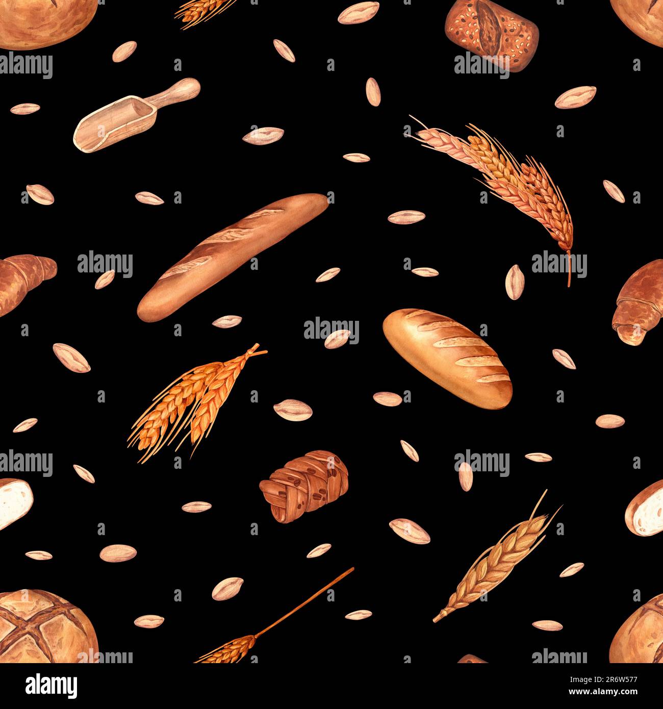 Seamless bread pattern. Watercolor bakery background with wheat spica ...