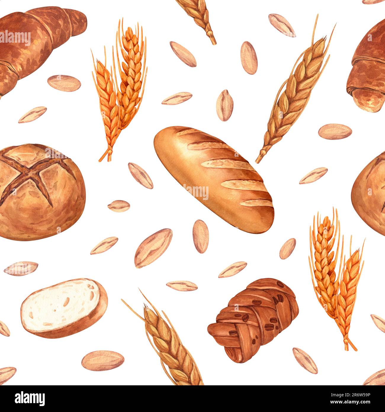 Seamless bread pattern. Watercolor bakery background with wheat spica ...