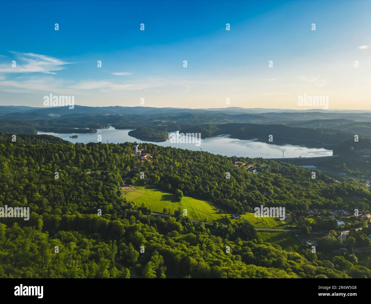 Panoramic view from the drone during sunset, on Lake Solina overlooking ...
