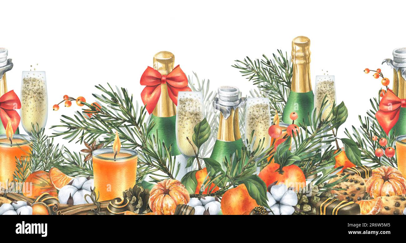 Christmas decor with tangerines, champagne. sweets and pine branches ...