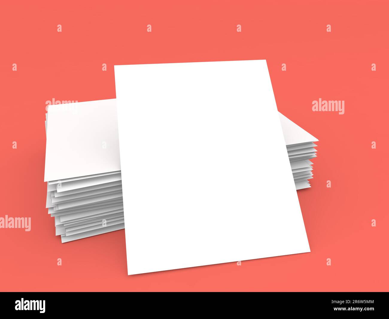 A stack of office paper and an A4 sheet on a red background. 3d render ...