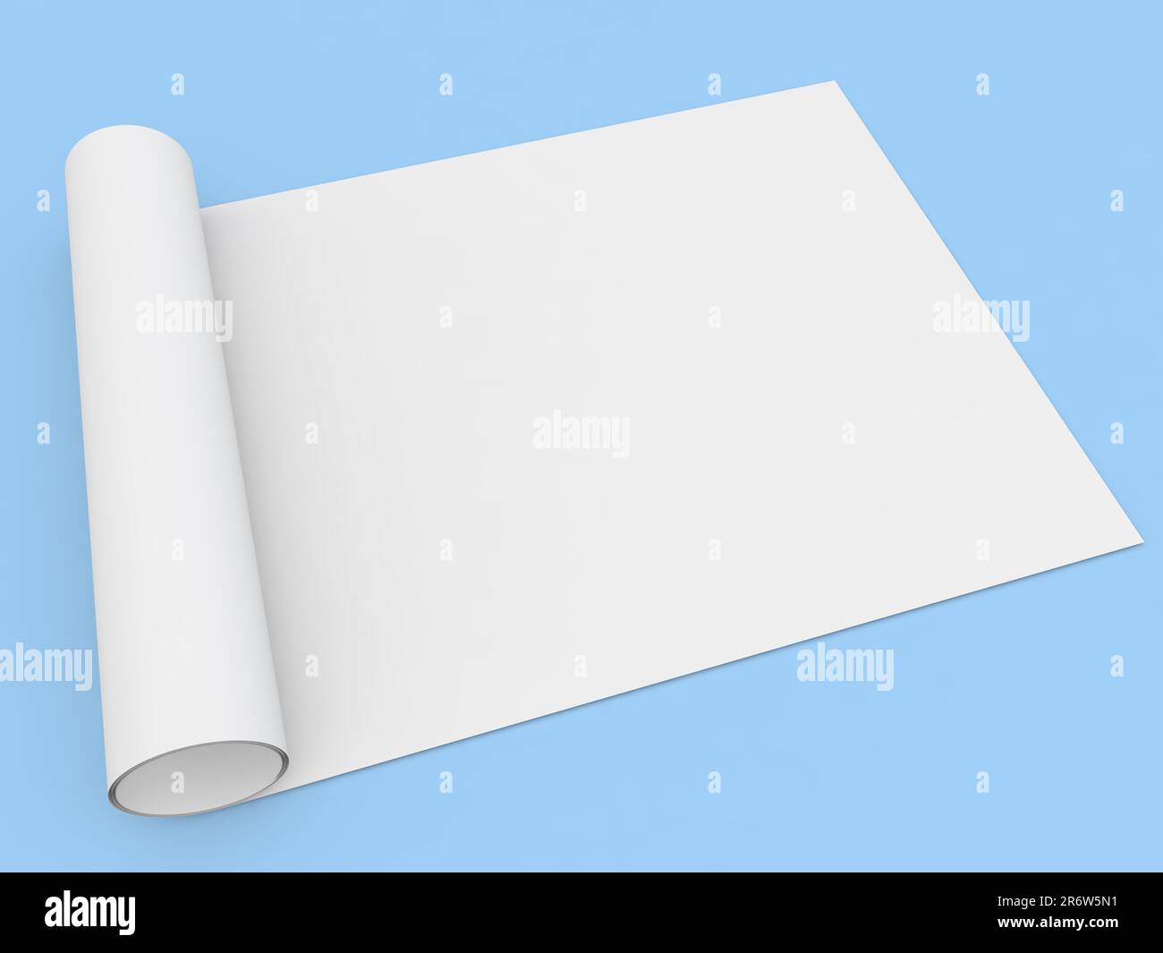 Rolled up roll of white paper A4 size on a blue background. 3d render ...