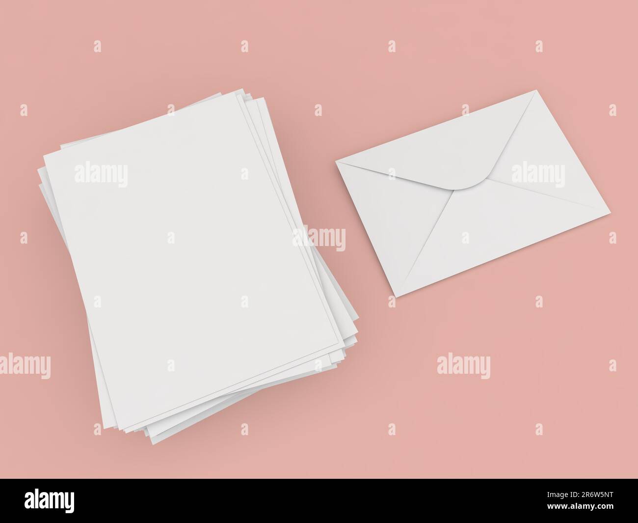 Envelope and a stack of A4 papers on a pink background. 3d render ...