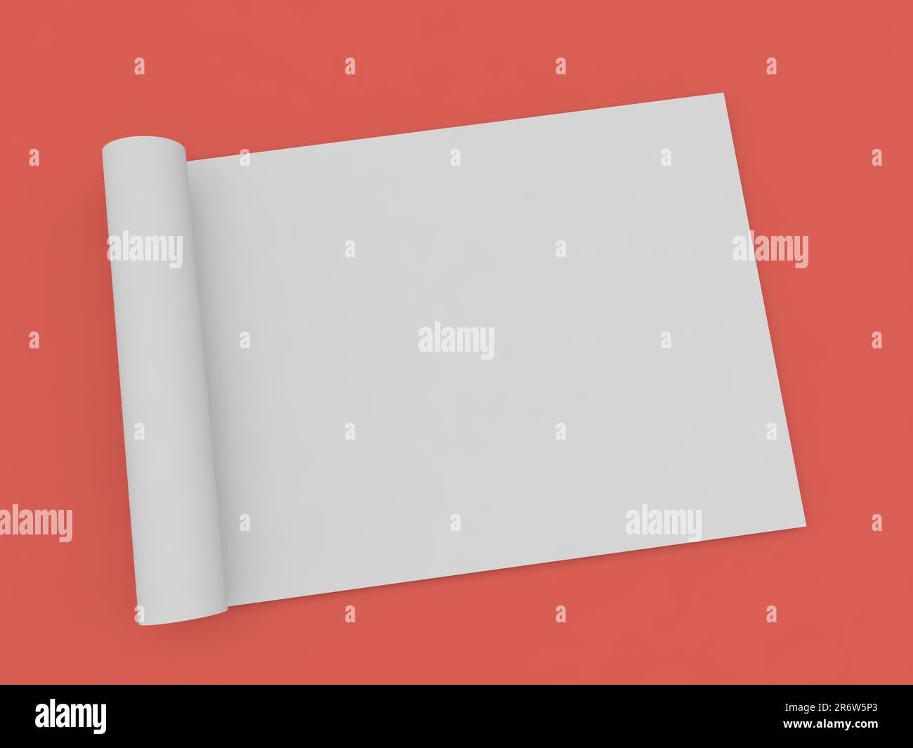 Rolled up roll of white paper A4 size on a red background. 3d render ...
