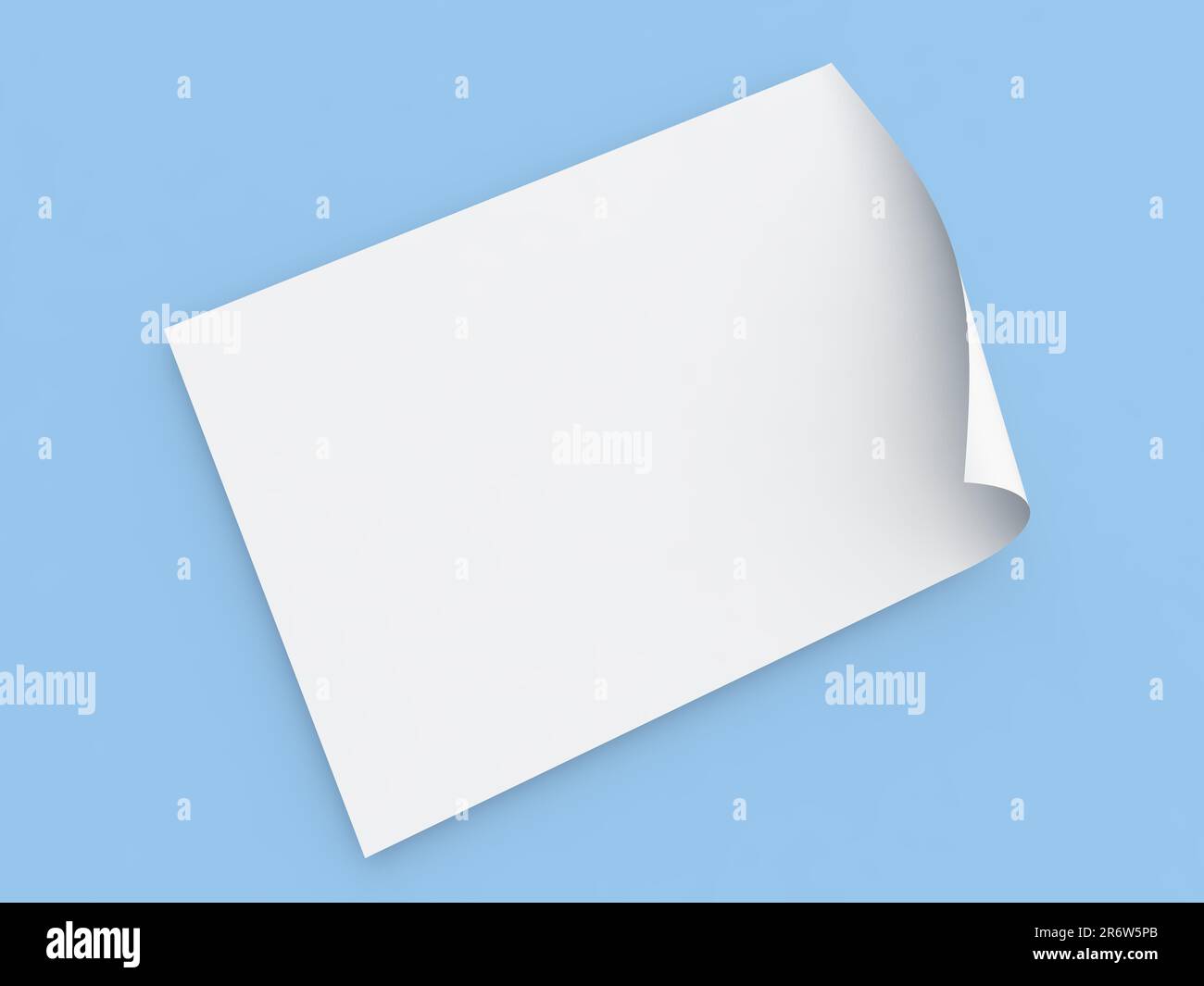 A white sheet of paper with a curved edge in A4 size on a blue ...