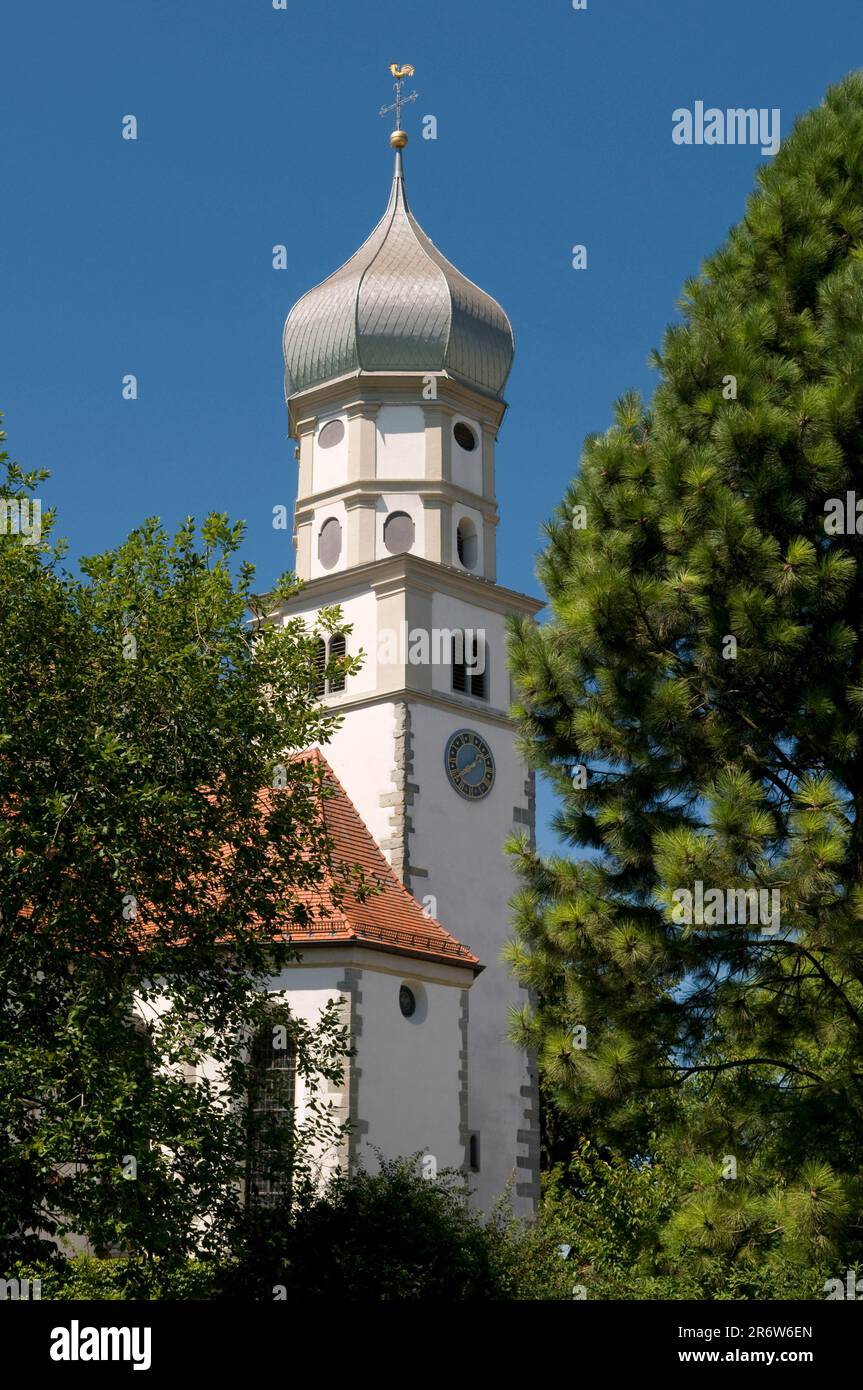 Parish church, church tower, moated castle, Lake Constance, Bavaria ...