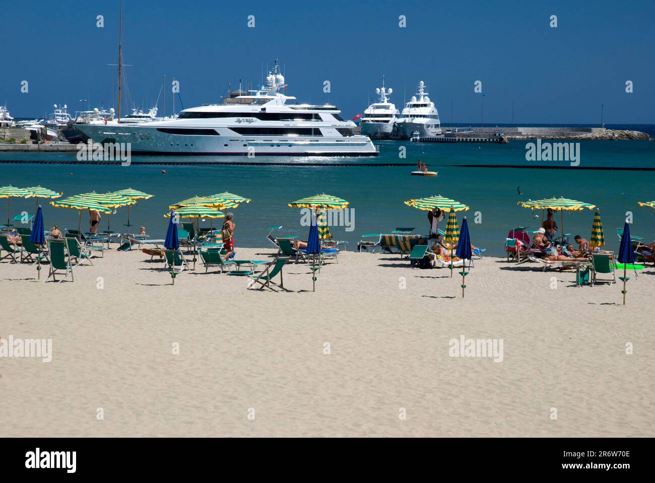 Luxury yacht, beach, San Remo, Italian Riviera, Ligurian Sea, Liguria ...