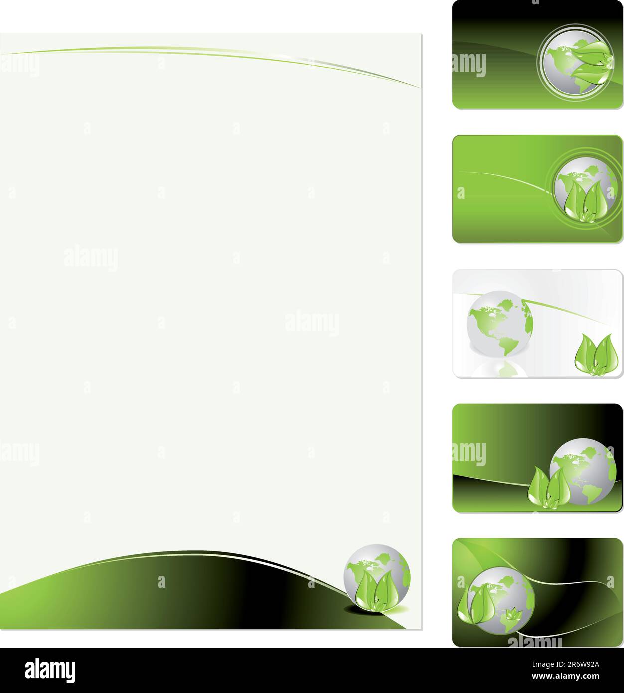 Set of five green planet business cards and stationery sheet. Global ...