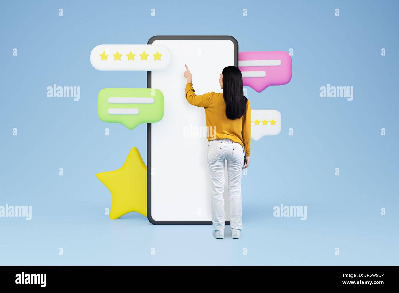 Korean Woman Using Smartphone Sending Five Stars Feedback, Blue ...