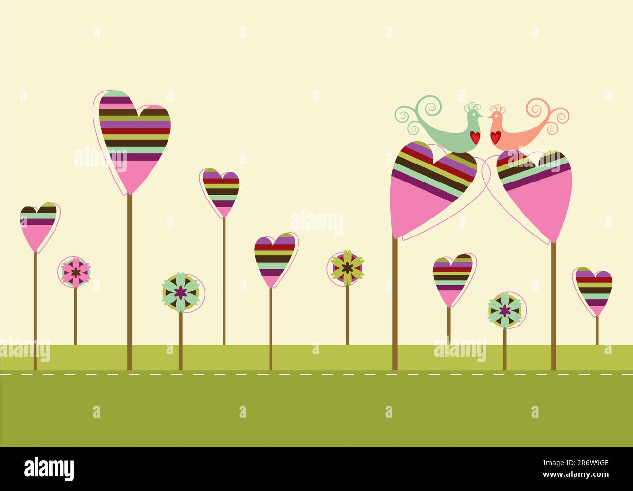 Love birds sitting on the heart shaped trees in the love garden. Available in vector format ...