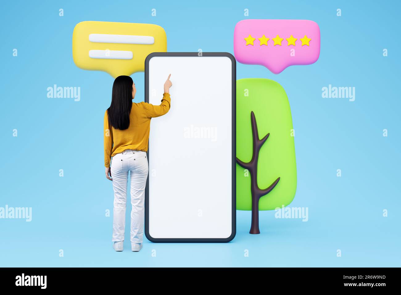 Collage Of Lady Using Phone With Rating Icons, Blue Background Stock ...